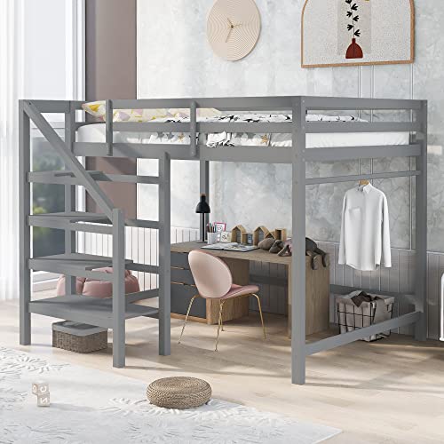 Full Loft Bed with Stairs, Wooden Loft Bed Frame with Storage and Hanger for Clothes (Full Size, Gray)