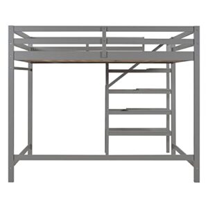 Full Loft Bed with Stairs, Wooden Loft Bed Frame with Storage and Hanger for Clothes (Full Size, Gray)