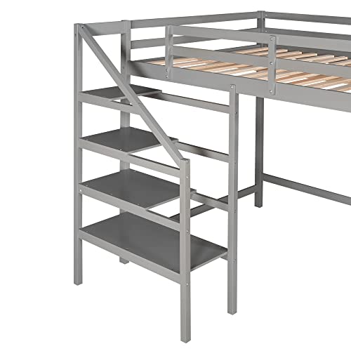 Full Loft Bed with Stairs, Wooden Loft Bed Frame with Storage and Hanger for Clothes (Full Size, Gray)