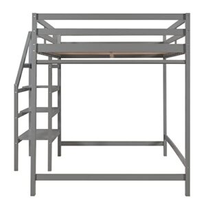 Full Loft Bed with Stairs, Wooden Loft Bed Frame with Storage and Hanger for Clothes (Full Size, Gray)