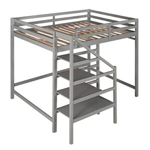 Full Loft Bed with Stairs, Wooden Loft Bed Frame with Storage and Hanger for Clothes (Full Size, Gray)