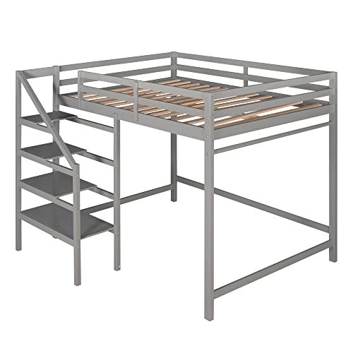 Full Loft Bed with Stairs, Wooden Loft Bed Frame with Storage and Hanger for Clothes (Full Size, Gray)