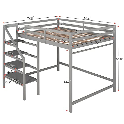 Full Loft Bed with Stairs, Wooden Loft Bed Frame with Storage and Hanger for Clothes (Full Size, Gray)