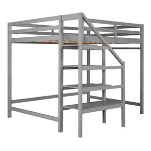 Full Loft Bed with Stairs, Wooden Loft Bed Frame with Storage and Hanger for Clothes (Full Size, Gray)