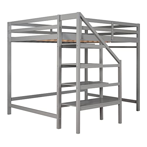 Full Loft Bed with Stairs, Wooden Loft Bed Frame with Storage and Hanger for Clothes (Full Size, Gray)