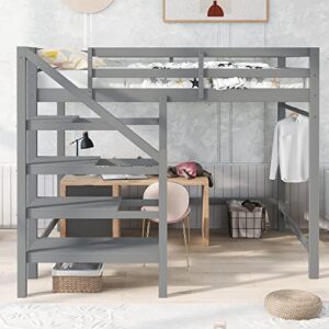 Full Loft Bed with Stairs, Wooden Loft Bed Frame with Storage and Hanger for Clothes (Full Size, Gray)