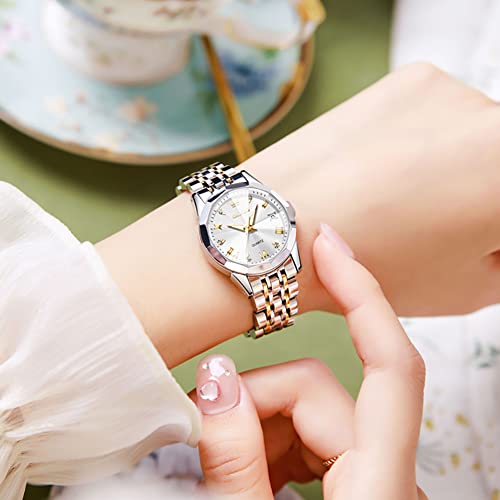 OLEVS Womens Watch Fashion Dress Diamond Female Watches for Ladies Analog Quartz Stainless Steel Waterproof Luminous Day Date Gold Silver Two Tone Wristwatch