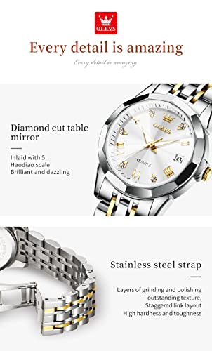 OLEVS Womens Watch Fashion Dress Diamond Female Watches for Ladies Analog Quartz Stainless Steel Waterproof Luminous Day Date Gold Silver Two Tone Wristwatch