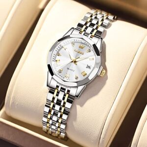 OLEVS Womens Watch Fashion Dress Diamond Female Watches for Ladies Analog Quartz Stainless Steel Waterproof Luminous Day Date Gold Silver Two Tone Wristwatch