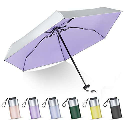 LEAGERA Mini Umbrella For Purse - UPF 50+ UV Blocker Umbrella, Small Lightweight Travel Umbrella Compact Sun Umbrella, Women Kids Parasol Umbrellas, Silver&Purple