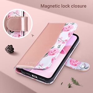 ULAK Compatible with iPhone 14 Plus Wallet Case with Card Holder, Flip iPhone 14 Plus Case for Women Girls PU Leather Kickstand Wrist Strap Shockproof Phone Case for iPhone 14 Plus 6.7'', Rose Gold