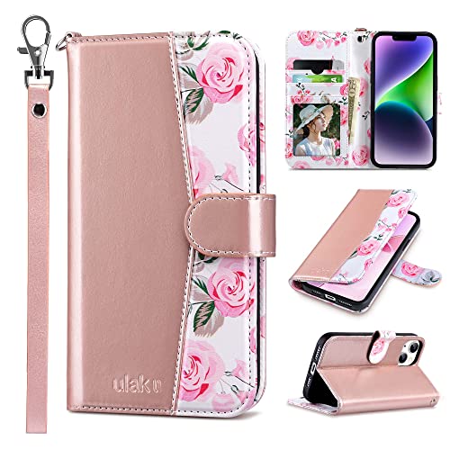 ULAK Compatible with iPhone 14 Plus Wallet Case with Card Holder, Flip iPhone 14 Plus Case for Women Girls PU Leather Kickstand Wrist Strap Shockproof Phone Case for iPhone 14 Plus 6.7'', Rose Gold