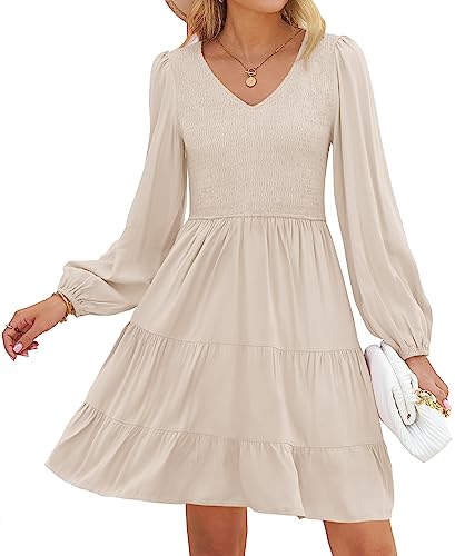 ZESICA Women's Casual V Neck Long Sleeve Smocked High Waist Ruffle A Line Tiered Mini Dress,Beige,Large