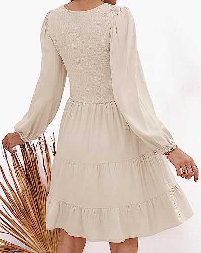 ZESICA Women's Casual V Neck Long Sleeve Smocked High Waist Ruffle A Line Tiered Mini Dress,Beige,Large