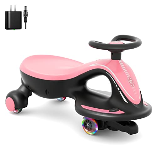 XJD Electric Wiggle Car Ride On Toy, 2 in 1 Wiggle Car Rechargeable Battery with Anti-Rollover Colorful Light-Emitting Wheel for Toddler Ride On Toys 3 Years and Up (Pink)