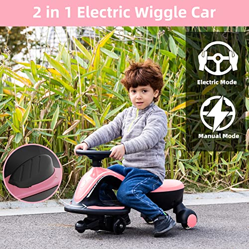 XJD Electric Wiggle Car Ride On Toy, 2 in 1 Wiggle Car Rechargeable Battery with Anti-Rollover Colorful Light-Emitting Wheel for Toddler Ride On Toys 3 Years and Up (Pink)