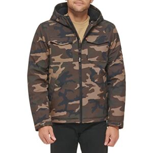 levi's men's soft shell hooded storm trucker jacket, camo/sherpa lined, large