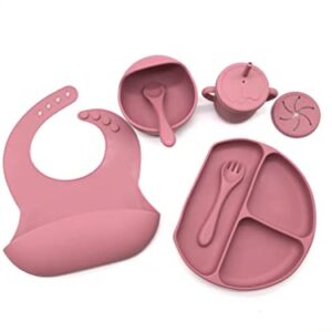 K-Universal Baby Feeding Bibs | 8pc Silicone for Babies Bib Bowl Plate Cup Fork Spoon Adjustable Divided Easily Wipe Clean Less Cleaning Time After Toddler & (Playful pink), One Size