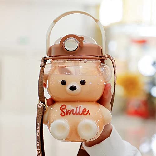 Xigugo Kawaii Bear Straw Bottle,Cute Water Bottles with Adjustable & Removable Shoulder Strap, Large capacity Straw Bottle for Outdoor and School Activities (brown 32oz)