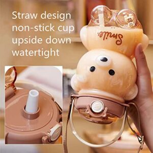 Xigugo Kawaii Bear Straw Bottle,Cute Water Bottles with Adjustable & Removable Shoulder Strap, Large capacity Straw Bottle for Outdoor and School Activities (brown 32oz)