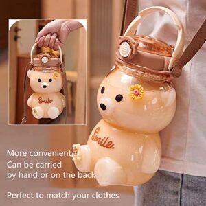 Xigugo Kawaii Bear Straw Bottle,Cute Water Bottles with Adjustable & Removable Shoulder Strap, Large capacity Straw Bottle for Outdoor and School Activities (brown 32oz)