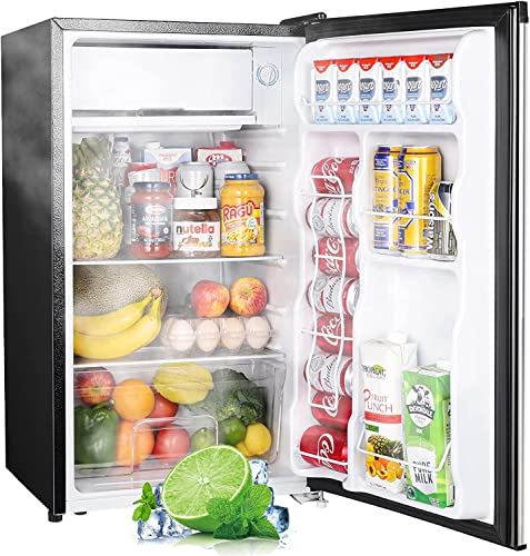 Upstreman 3.2 Cu.Ft Mini Fridge with Freezer, Single Door Mini Fridge, Adjustable Thermostat, Mini Refrigerator for Dorm, Office, Bedroom, Stainless Steel-SR321