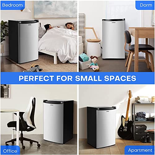 Upstreman 3.2 Cu.Ft Mini Fridge with Freezer, Single Door Mini Fridge, Adjustable Thermostat, Mini Refrigerator for Dorm, Office, Bedroom, Stainless Steel-SR321