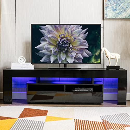 HAKFOO Modern LED TV Stand for 70/65/55 inch TV, Modern Entertainment Center with 1-2 Storage Drawers, High Gloss TV Cabinet,Television Stand for Living Room,APP/Remote RGB Light (Black 1, 63inch)