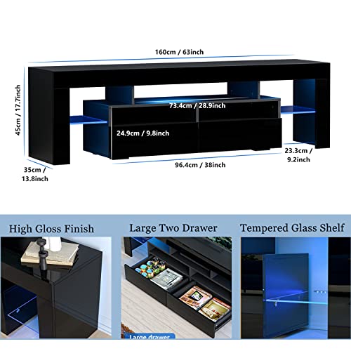 HAKFOO Modern LED TV Stand for 70/65/55 inch TV, Modern Entertainment Center with 1-2 Storage Drawers, High Gloss TV Cabinet,Television Stand for Living Room,APP/Remote RGB Light (Black 1, 63inch)