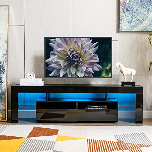 HAKFOO Modern LED TV Stand for 70/65/55 inch TV, Modern Entertainment Center with 1-2 Storage Drawers, High Gloss TV Cabinet,Television Stand for Living Room,APP/Remote RGB Light (Black 1, 63inch)