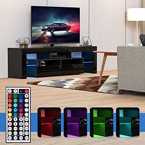 HAKFOO Modern LED TV Stand for 70/65/55 inch TV, Modern Entertainment Center with 1-2 Storage Drawers, High Gloss TV Cabinet,Television Stand for Living Room,APP/Remote RGB Light (Black 1, 63inch)