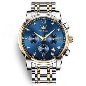 olevs watch men chronograph blue face stainless steel watch for men two tone date quartz analog men watch big wrist luxury diamond waterproof men's watch luminous fashion easy read