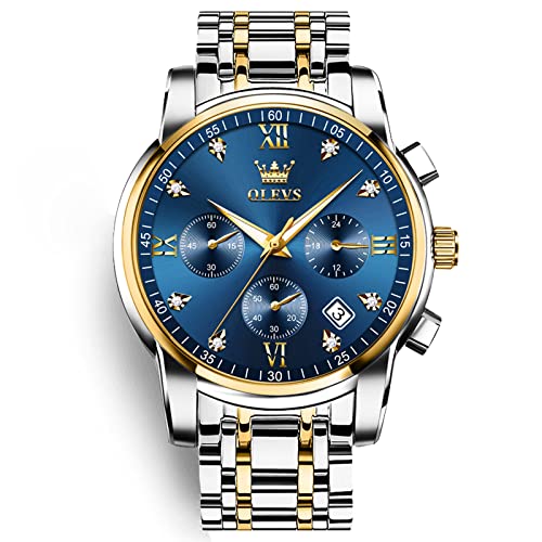 OLEVS Watch Men Chronograph Blue Face Stainless Steel Watch for Men Two Tone Date Quartz Analog Men Watch Big Wrist Luxury Diamond Waterproof Men's Watch Luminous Fashion Easy Read