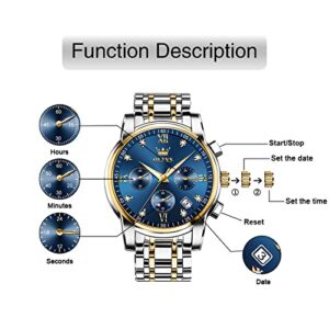 OLEVS Watch Men Chronograph Blue Face Stainless Steel Watch for Men Two Tone Date Quartz Analog Men Watch Big Wrist Luxury Diamond Waterproof Men's Watch Luminous Fashion Easy Read