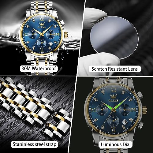 OLEVS Watch Men Chronograph Blue Face Stainless Steel Watch for Men Two Tone Date Quartz Analog Men Watch Big Wrist Luxury Diamond Waterproof Men's Watch Luminous Fashion Easy Read