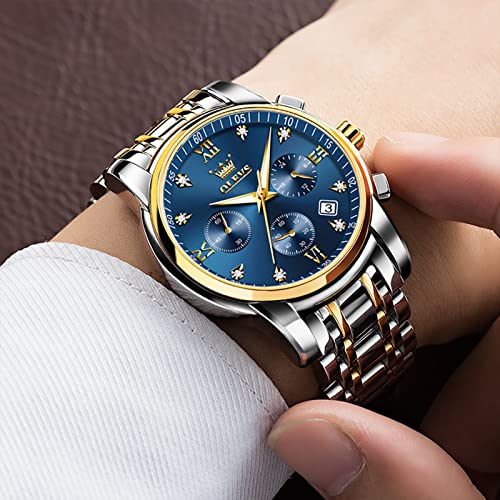 OLEVS Watch Men Chronograph Blue Face Stainless Steel Watch for Men Two Tone Date Quartz Analog Men Watch Big Wrist Luxury Diamond Waterproof Men's Watch Luminous Fashion Easy Read