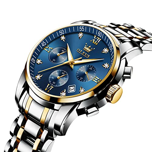 OLEVS Watch Men Chronograph Blue Face Stainless Steel Watch for Men Two Tone Date Quartz Analog Men Watch Big Wrist Luxury Diamond Waterproof Men's Watch Luminous Fashion Easy Read