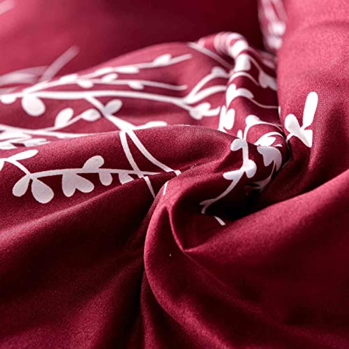 NANKO Burgundy Red Queen Duvet Cover Set White Floral Tree Branch Pattern Christmas 3pc Size 90x90 Microfiber Comforter Quilt Bedding Cover with Zip Ties - Modern Farmhouse for Men and Women Teen Girl