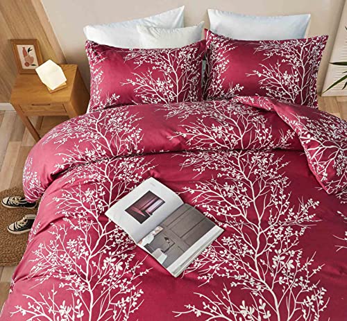 NANKO Burgundy Red Queen Duvet Cover Set White Floral Tree Branch Pattern Christmas 3pc Size 90x90 Microfiber Comforter Quilt Bedding Cover with Zip Ties - Modern Farmhouse for Men and Women Teen Girl