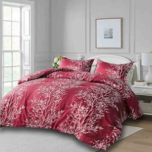 NANKO Burgundy Red Queen Duvet Cover Set White Floral Tree Branch Pattern Christmas 3pc Size 90x90 Microfiber Comforter Quilt Bedding Cover with Zip Ties - Modern Farmhouse for Men and Women Teen Girl