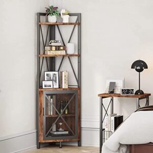 jzm corner shelf 5-tier with storage, rustic corner bookshelf stand storage rack with adjustable board, industrial corner plant stand shelves for living room kitchen