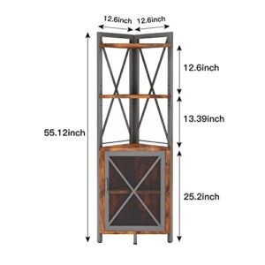 JZM Corner Shelf 5-Tier with Storage, Rustic Corner Bookshelf Stand Storage Rack with Adjustable Board, Industrial Corner Plant Stand Shelves for Living Room Kitchen