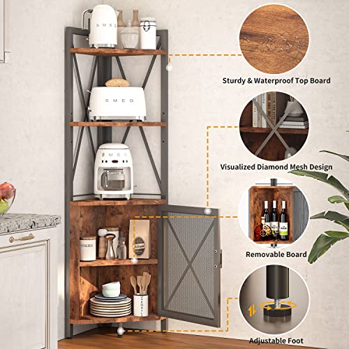 JZM Corner Shelf 5-Tier with Storage, Rustic Corner Bookshelf Stand Storage Rack with Adjustable Board, Industrial Corner Plant Stand Shelves for Living Room Kitchen