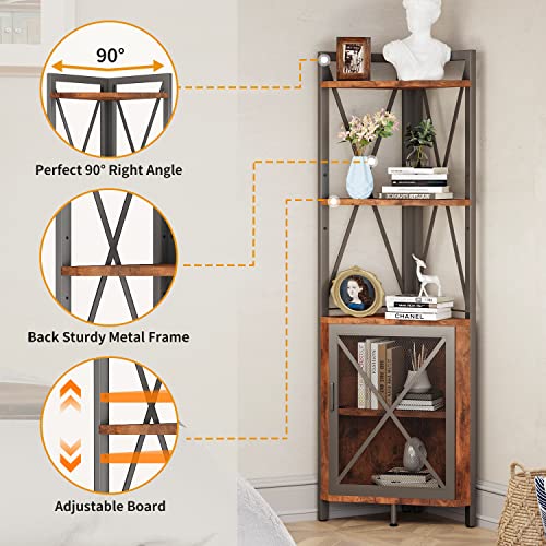 JZM Corner Shelf 5-Tier with Storage, Rustic Corner Bookshelf Stand Storage Rack with Adjustable Board, Industrial Corner Plant Stand Shelves for Living Room Kitchen