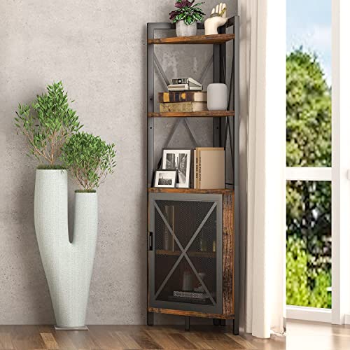 JZM Corner Shelf 5-Tier with Storage, Rustic Corner Bookshelf Stand Storage Rack with Adjustable Board, Industrial Corner Plant Stand Shelves for Living Room Kitchen