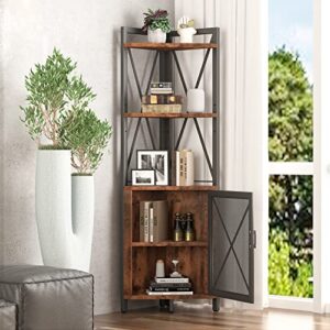 JZM Corner Shelf 5-Tier with Storage, Rustic Corner Bookshelf Stand Storage Rack with Adjustable Board, Industrial Corner Plant Stand Shelves for Living Room Kitchen