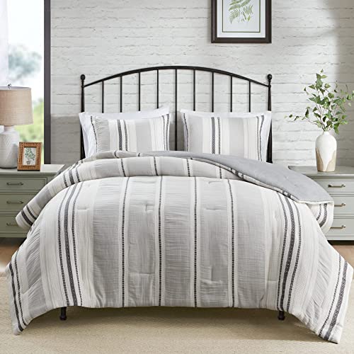 Hyde Lane Tahoe Farmhouse Bedding Set,Grey Modern King Size Comforter,Cotton Top with Neutral Rustic Style Stripes, Boho Bedroom Bed Sets,3-Pieces Including Matching Pillow Shams(104x90 Inches)