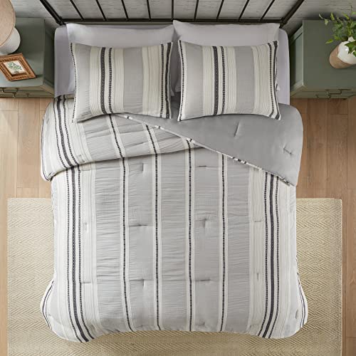 Hyde Lane Tahoe Farmhouse Bedding Set,Grey Modern King Size Comforter,Cotton Top with Neutral Rustic Style Stripes, Boho Bedroom Bed Sets,3-Pieces Including Matching Pillow Shams(104x90 Inches)