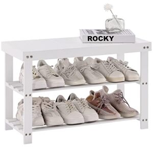 APICIZON Bamboo Shoe Rack for Entryway, 3-Tier Shoe Rack Bench for Front Indoor Entrance, Small Shoe Organizer with Storage, White