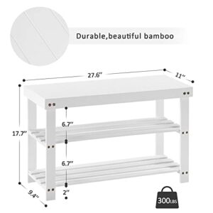 APICIZON Bamboo Shoe Rack for Entryway, 3-Tier Shoe Rack Bench for Front Indoor Entrance, Small Shoe Organizer with Storage, White